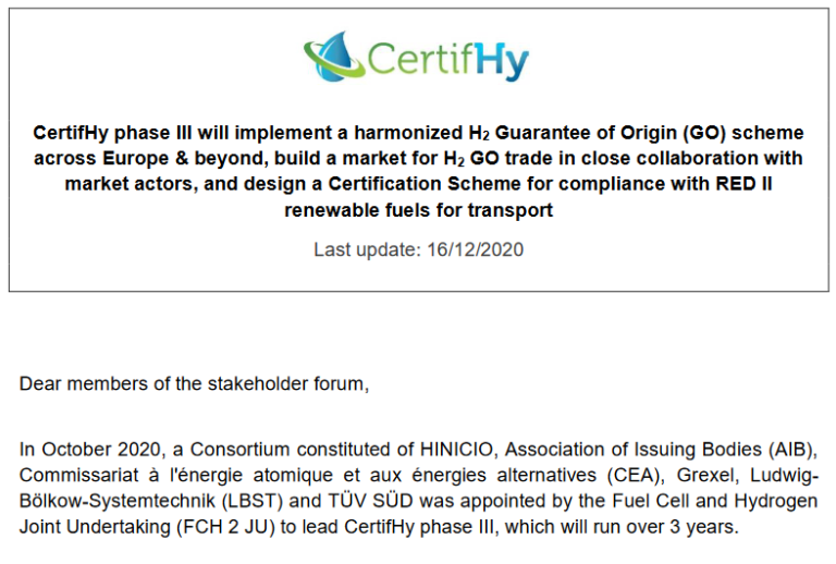 CertifHy enters into phase 3 to build a H2 GO market as well as a H2 certification scheme for ...